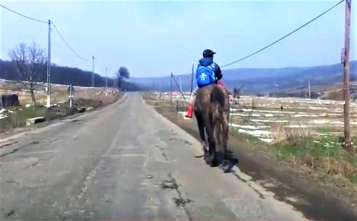 Călare pe cal şi cu ghiozdanul în spate, un copil de-o şchioapă e ...