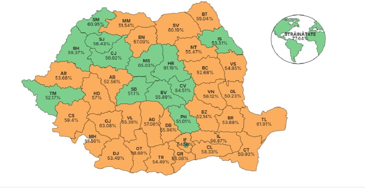 Rezultate alegeri prezidenţiale 2025, turul II, pe judeţe. Harta ...